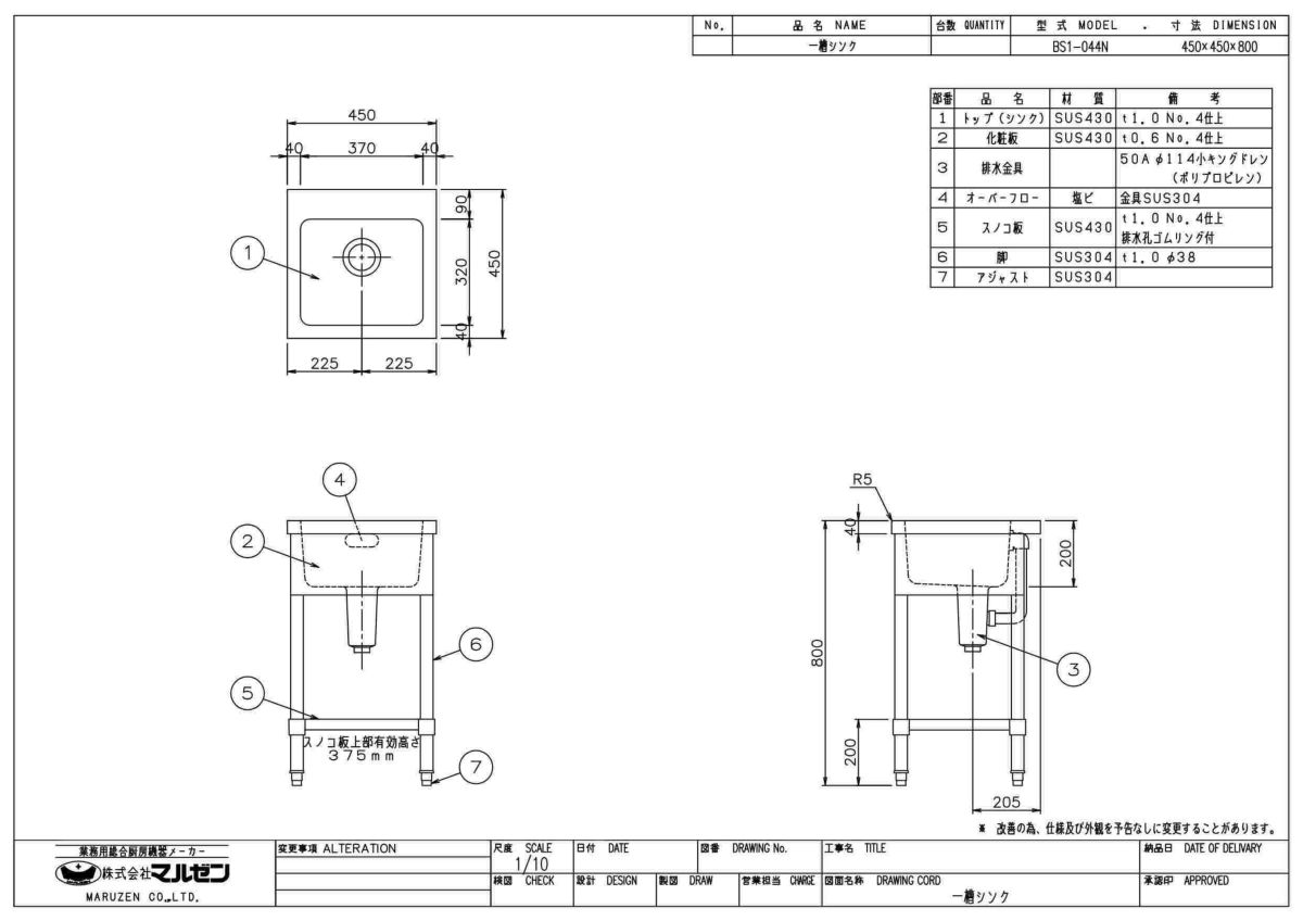 BS1-044、BS1-044N 一槽シンク マルゼン｜テンポスドットコム通販サイト